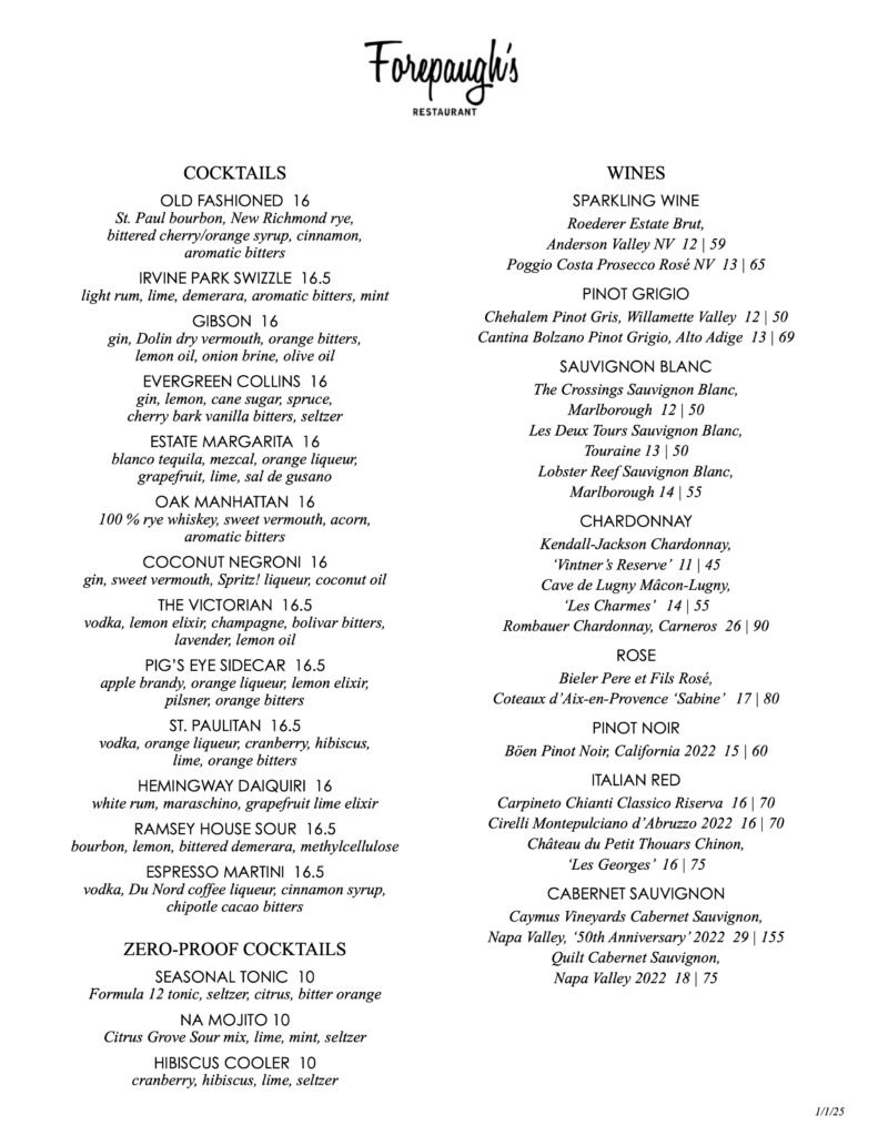 Forepaughs Menu | Food, Bar and Cocktail Menus