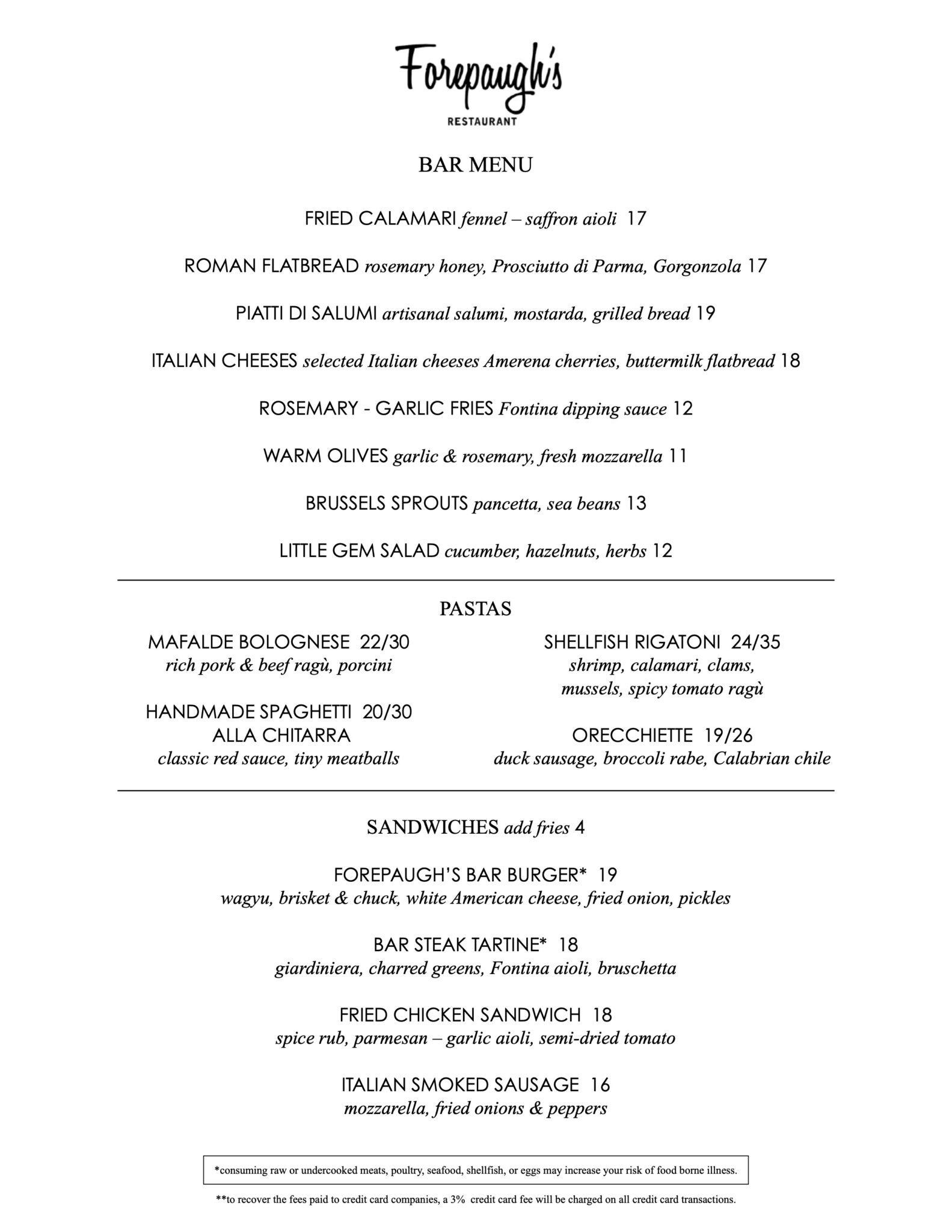 Forepaughs Menu | Food, Bar and Cocktail Menus